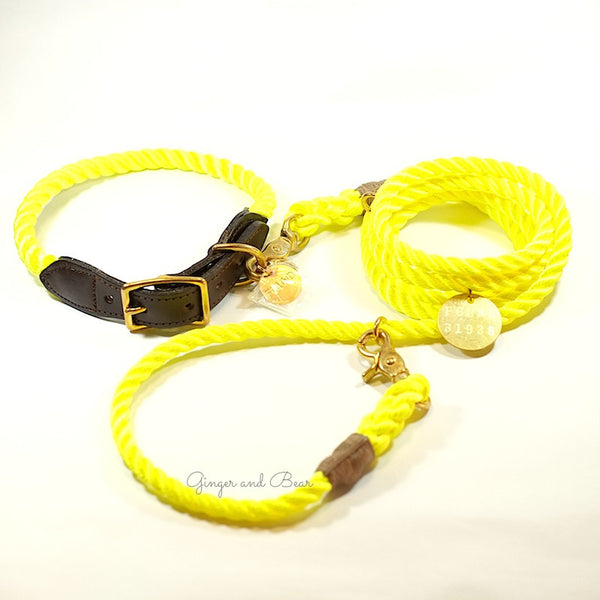 Rope and Leather Collar, Neon Yellow – Ginger and Bear